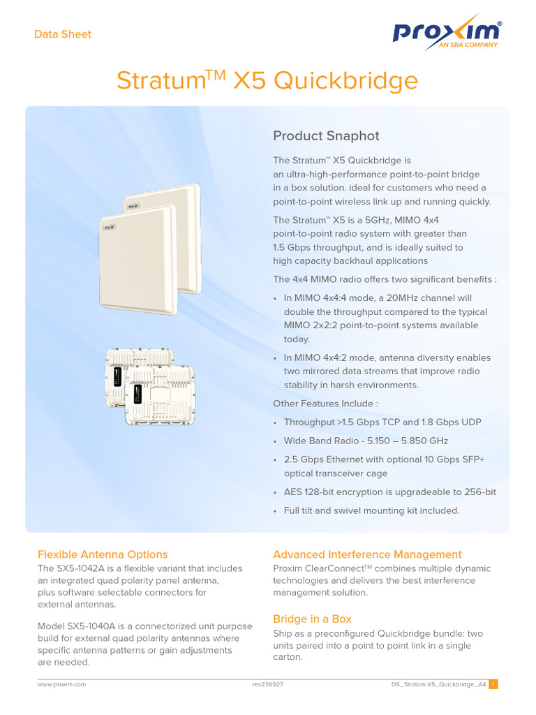 Stratum X5 Quickbridge Data Sheet | PDF | Mimo | Antenna (Radio)