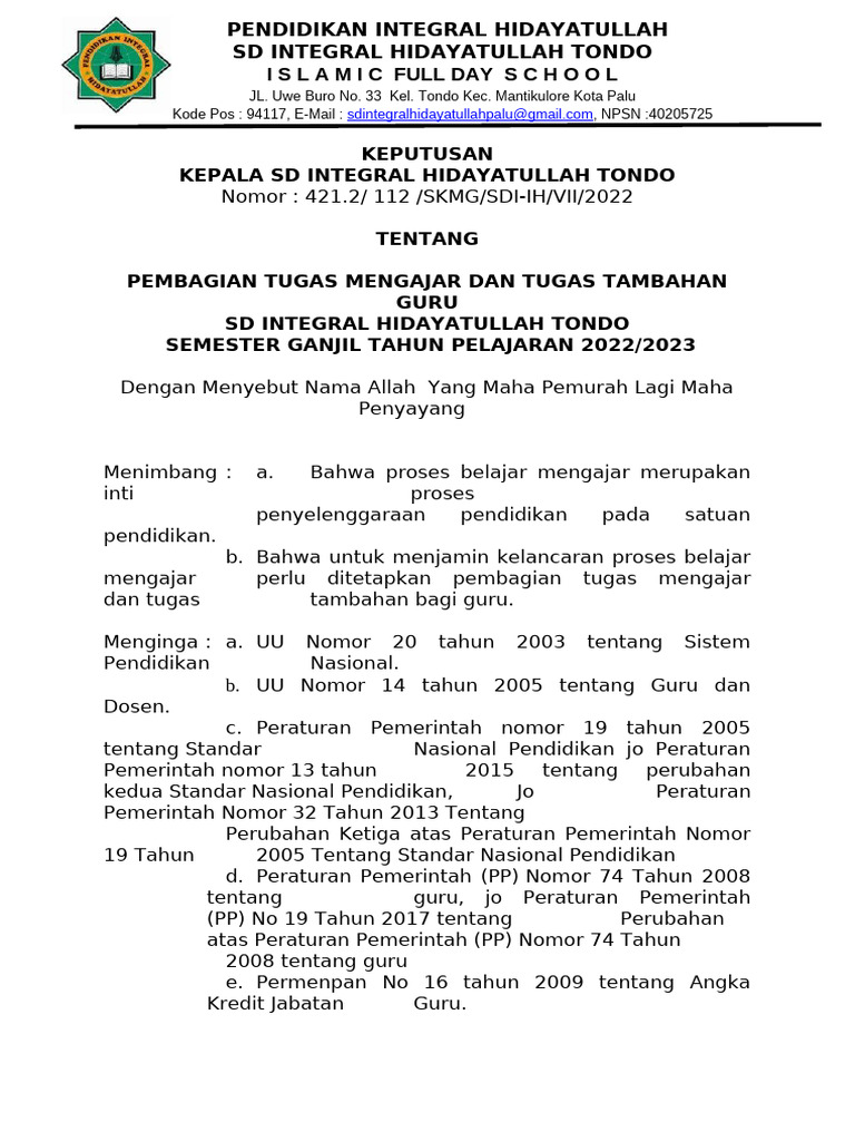 SK Pembagian Tugas Guru 2223 | PDF