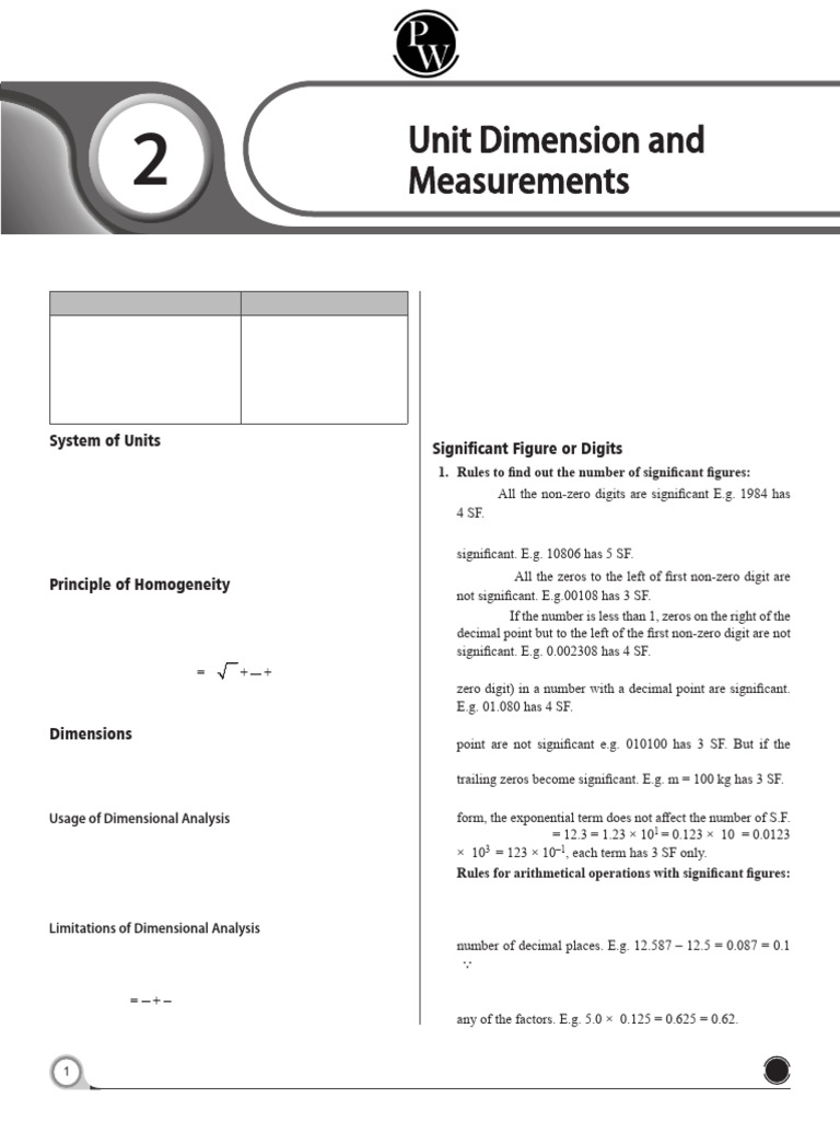 Unit Dimension and Measurements - Short Notes | PDF | Mathematics ...