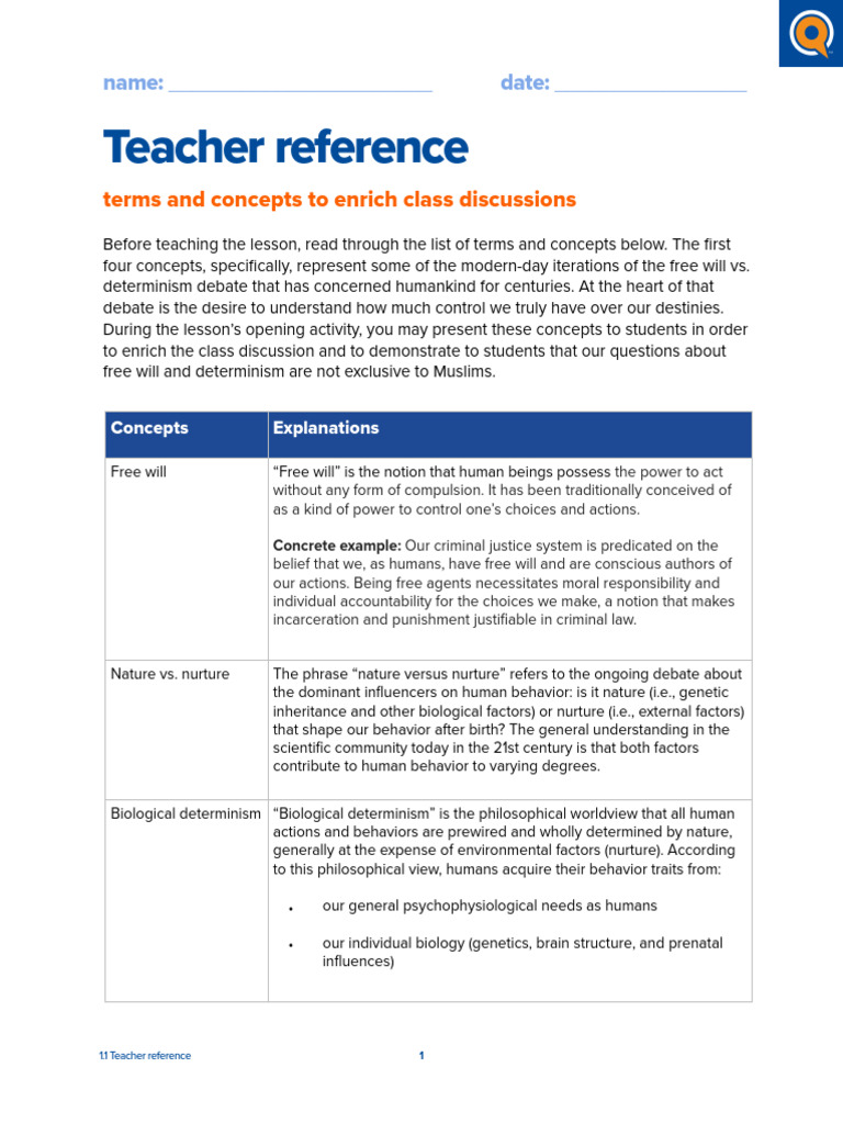 1.1_Teachers_reference | PDF | Free Will | Determinism