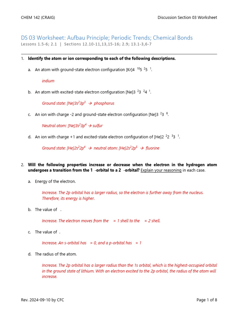 Au24 142 DS03 (KEY) AufbauPrinciplePeriodicTrendsChemBonds | PDF | Electron Configuration ...