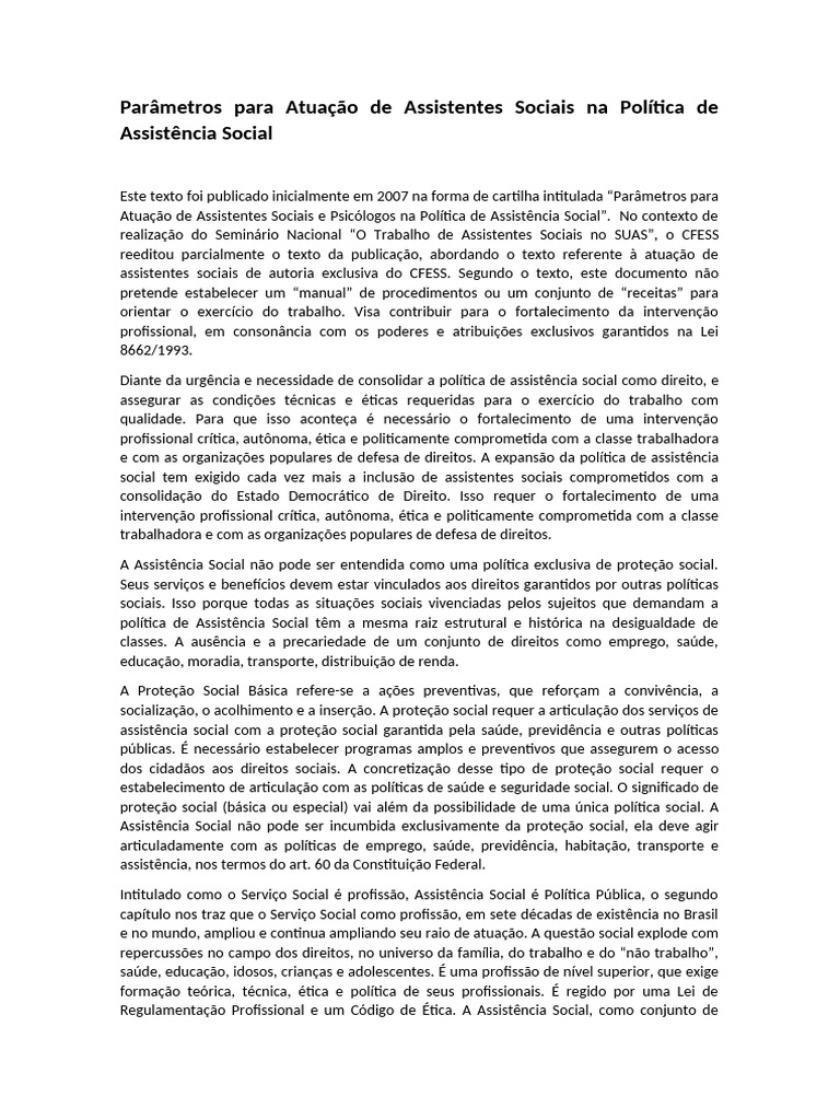 Parâmetros para Assistentes Sociais na Assistência | PDF | Trabalho ...