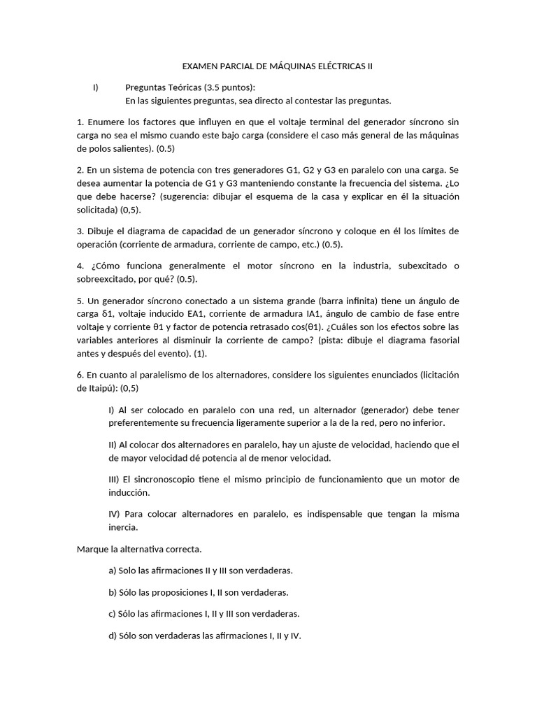 Examen Parcial de Máquinas Eléctricas Ii | PDF | Generador eléctrico | Corriente eléctrica