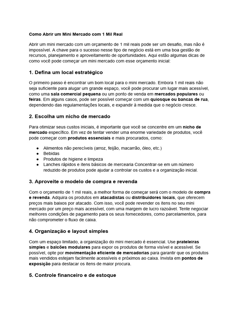 Como Abrir Um Mini Mercado Com 1 Mil Real | PDF | Mercado (economia) | Business