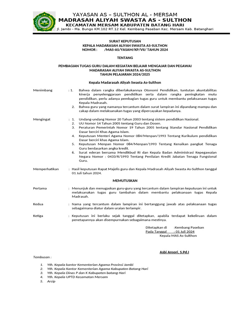 SK Pembagian Tugas TA 2024-2025 | PDF