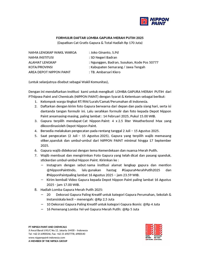 Form Prop Nippon Paint | PDF