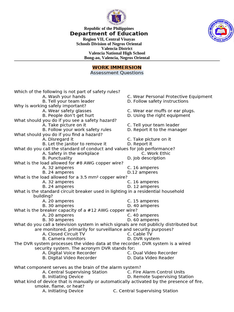 Work Immersion Safety Assessment Questions | PDF | Closed Circuit ...