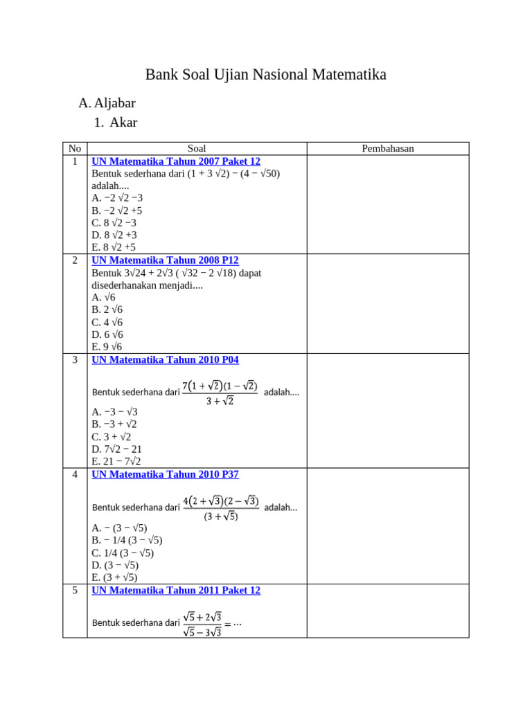 Bank Soal Ujian Nasional Matematika | PDF