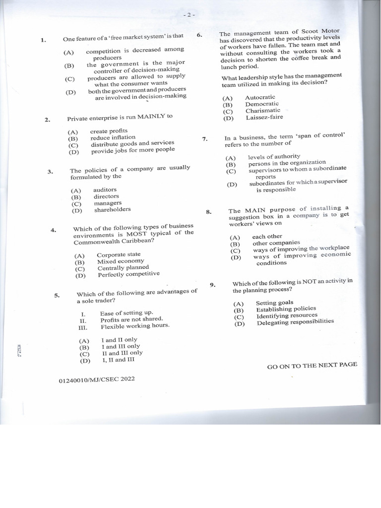 CSEC Principles of Business P1 2022 | PDF