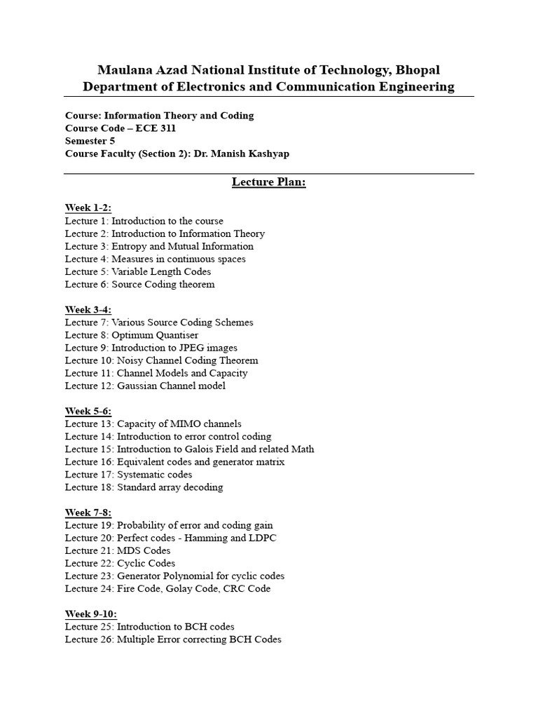 Lecture Plan ITC | PDF | Statistical Theory | Computer Data