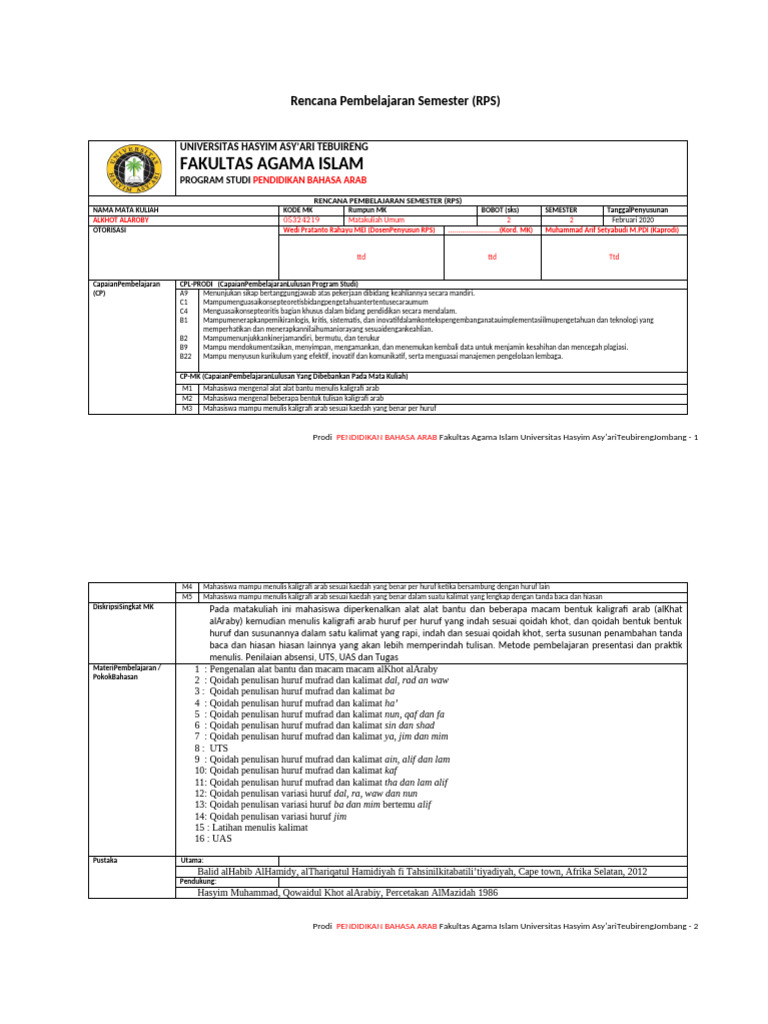 Mata Kuliah Al Khot Alaraby 2023 Mahasiswa | PDF