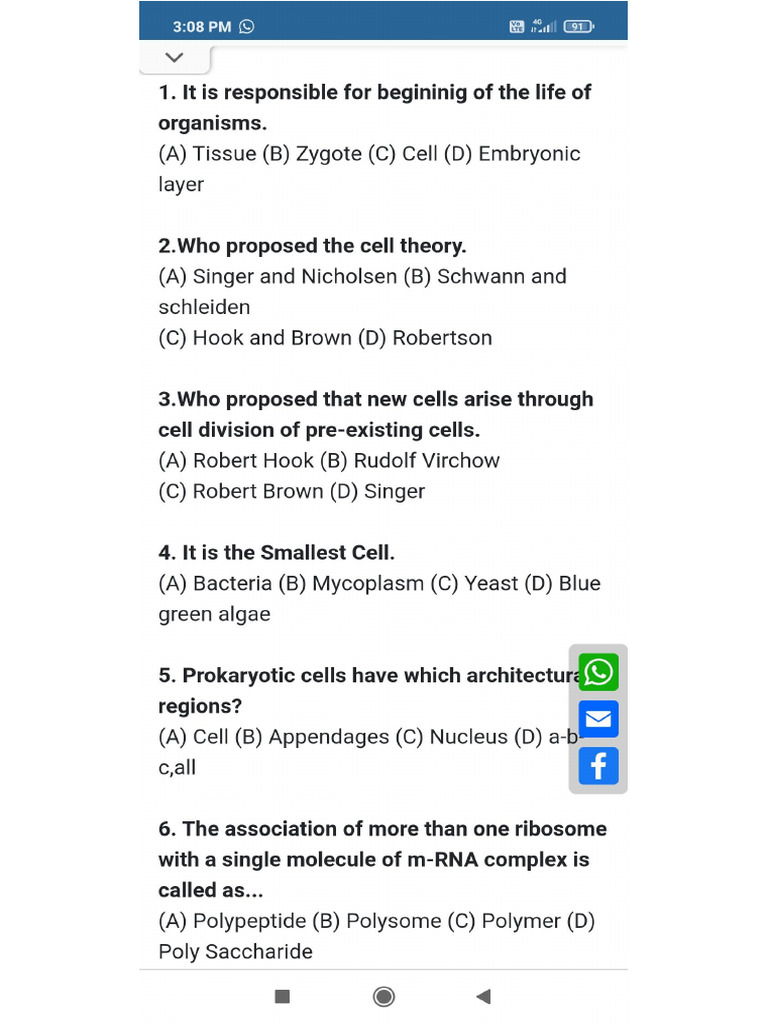 Cell Structure and It's Functions Iit MCQ | PDF
