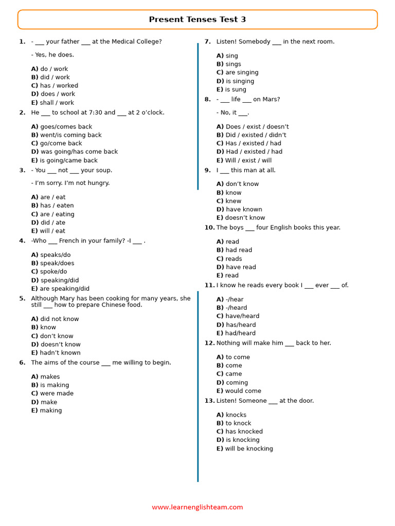 Present Tenses Test 3 - Learnenglishteam - Com | PDF