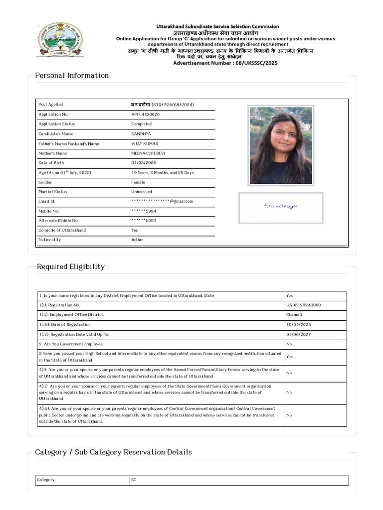 Uttarakhand Subordinate Service Selection Commission Van Daroga Form Sandhya | PDF