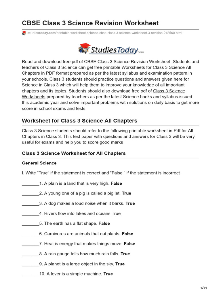 CBSE Class 3 Science Revision Worksheet | PDF | Nerve | Central Nervous ...