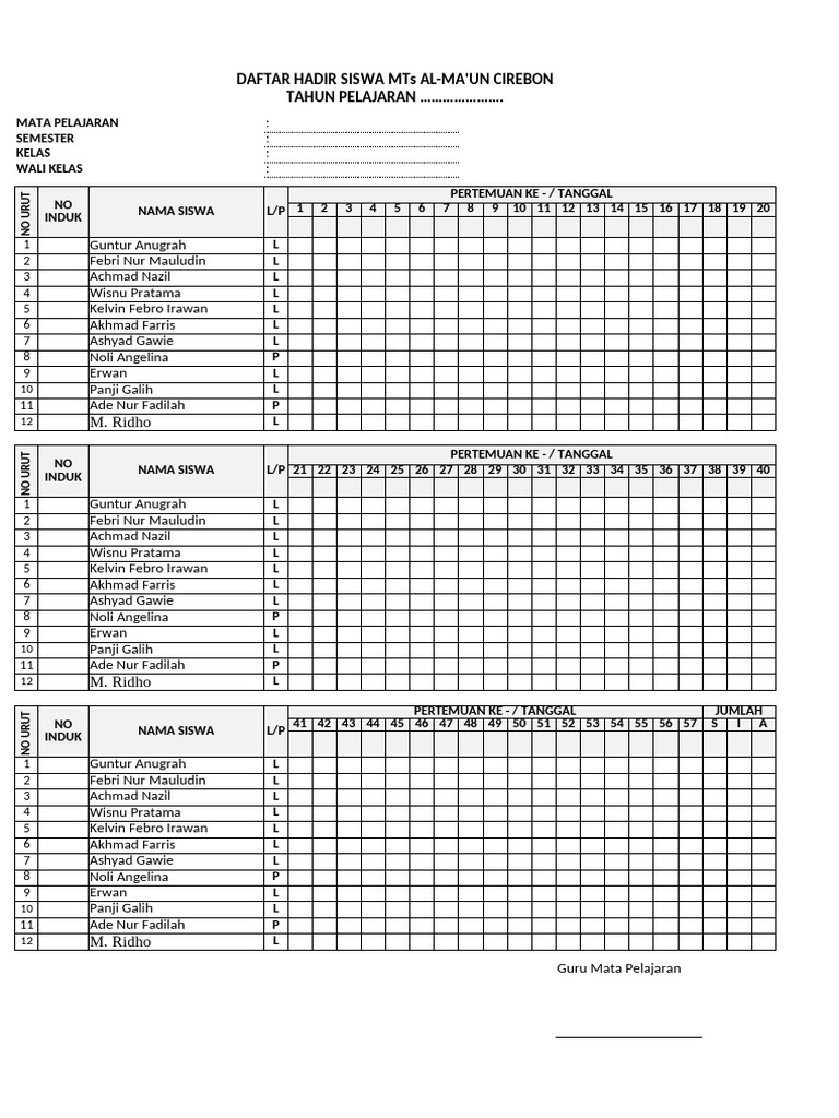 Daftar Hadir dan Nilai siswa 7 | PDF