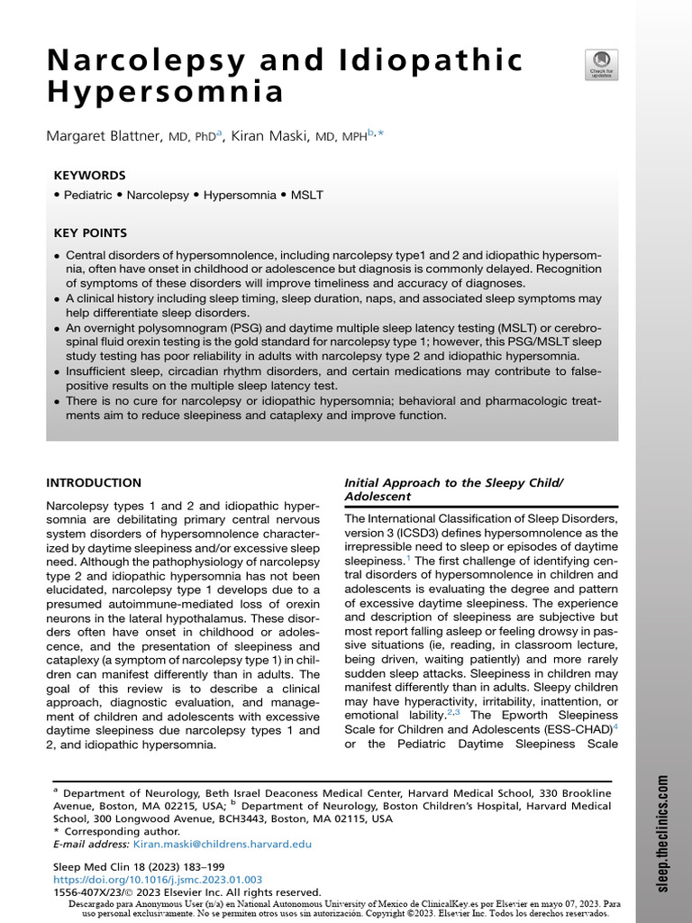 Blattner and Maski - 2023 - Narcolepsy and Idiopathic Hypersomnia | PDF | Sleep | Animal Physiology