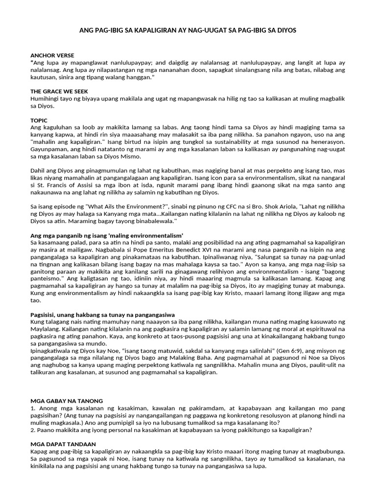 LOVE OF THE ENVIRONMENT IS ROOTED IN LOVE OF GOD - Tagalog | PDF