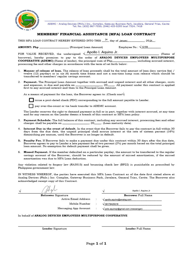 Members' Financial Assistance Loan Contract-1 | PDF | Loans | Interest