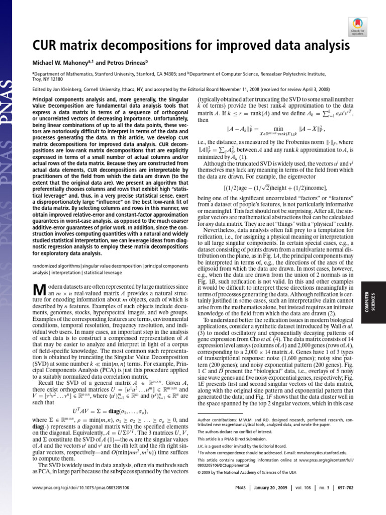 CUR Matrix Decompositions for Data Analysis | PDF | Principal Component ...