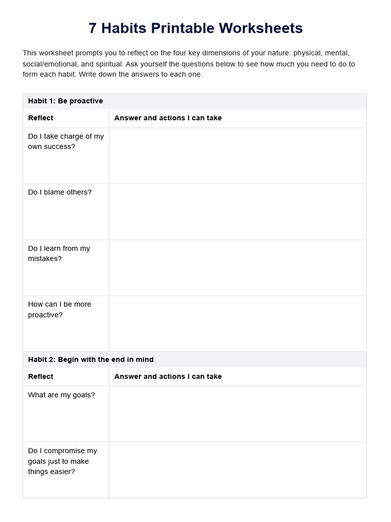 Free 7 Habits Reflection Worksheets | PDF