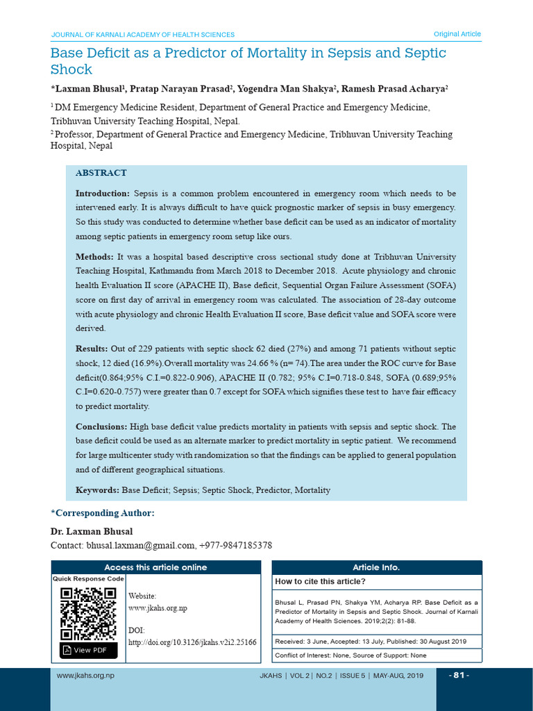Base Deficit As A Predictor of Mortality in Sepsis and Septic Shock ...