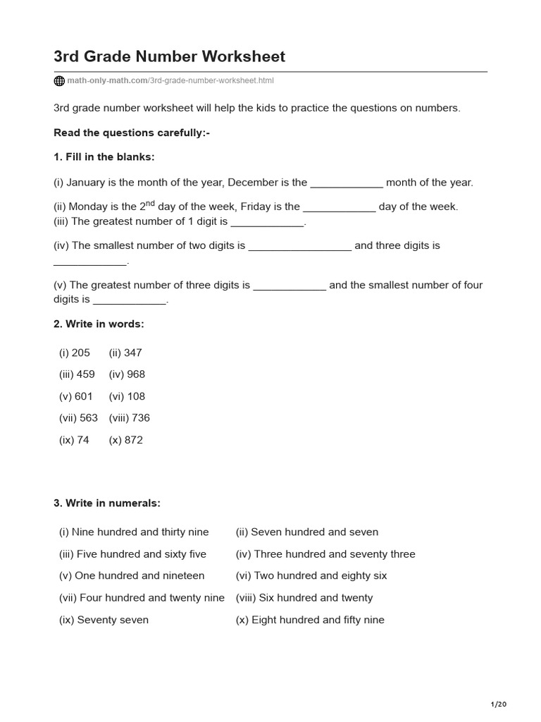 3rd Grade Number Worksheet | PDF
