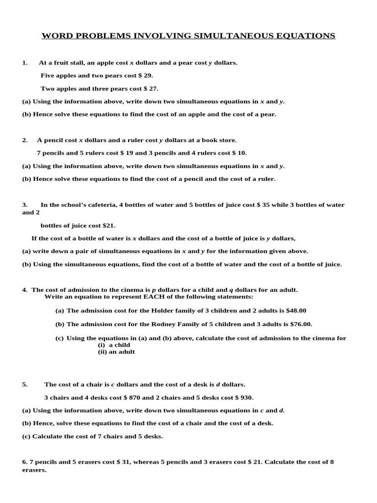 Simultaneous Equations Word Problems | PDF