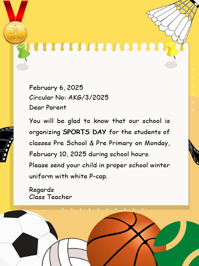 Sports Day Circular For Classes Pre School and Pre Primary | PDF