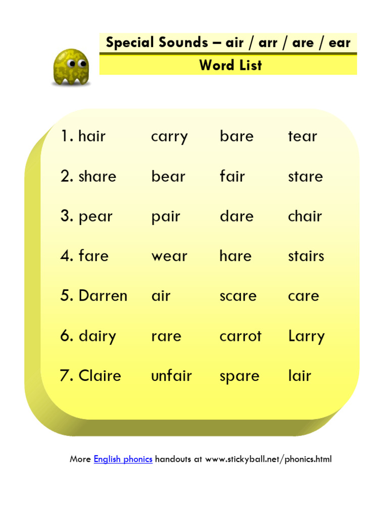 Air Arr Are Ear - Word List and Sentences | PDF