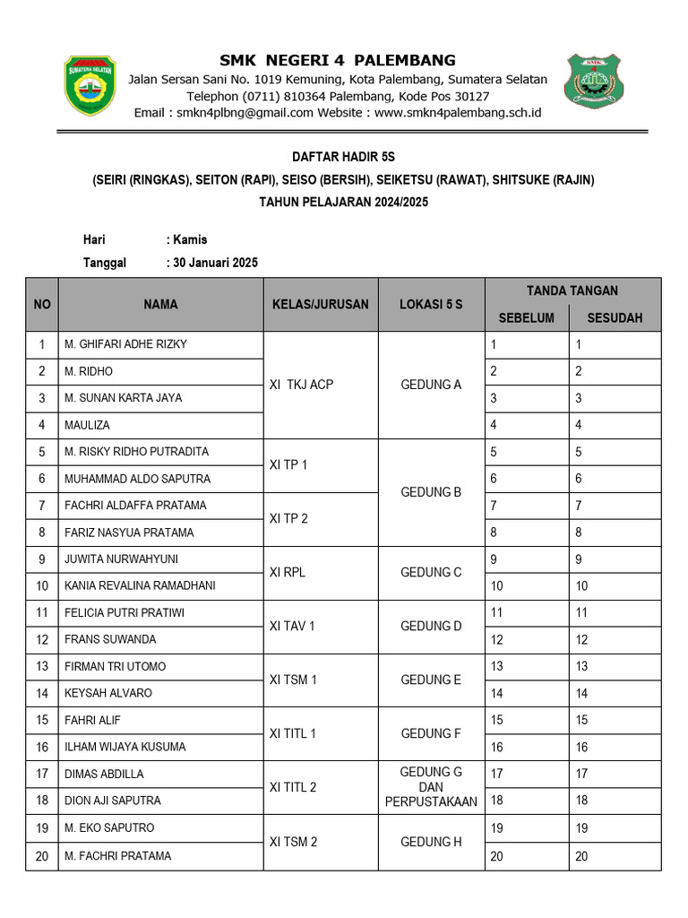 Jadwal 5s 2024 - Kelas Xi - Kamis 30 Jan 2025 | PDF