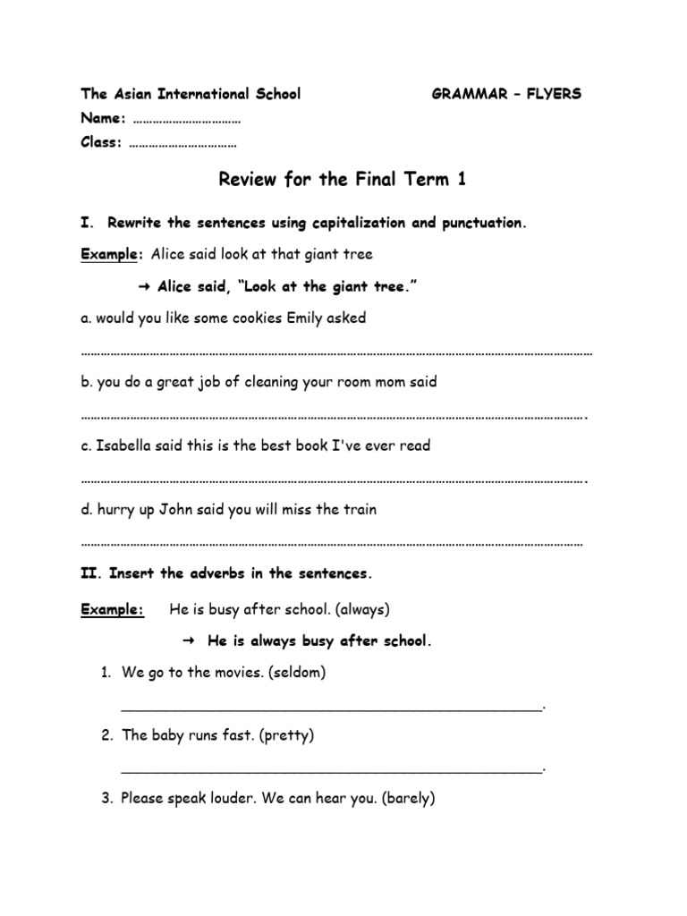 Grammar - Flyers - Final Term 1 - Review Handout | PDF | Language ...