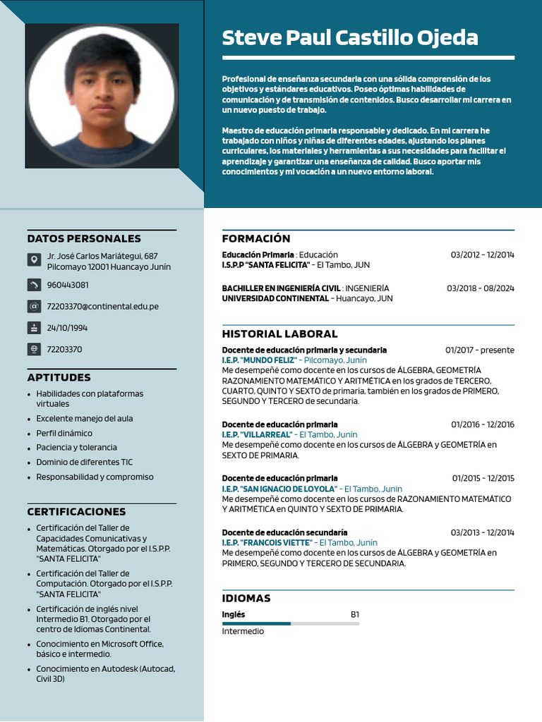 Castillo Ojeda Steve Paul | PDF | Educación primaria | Maestros