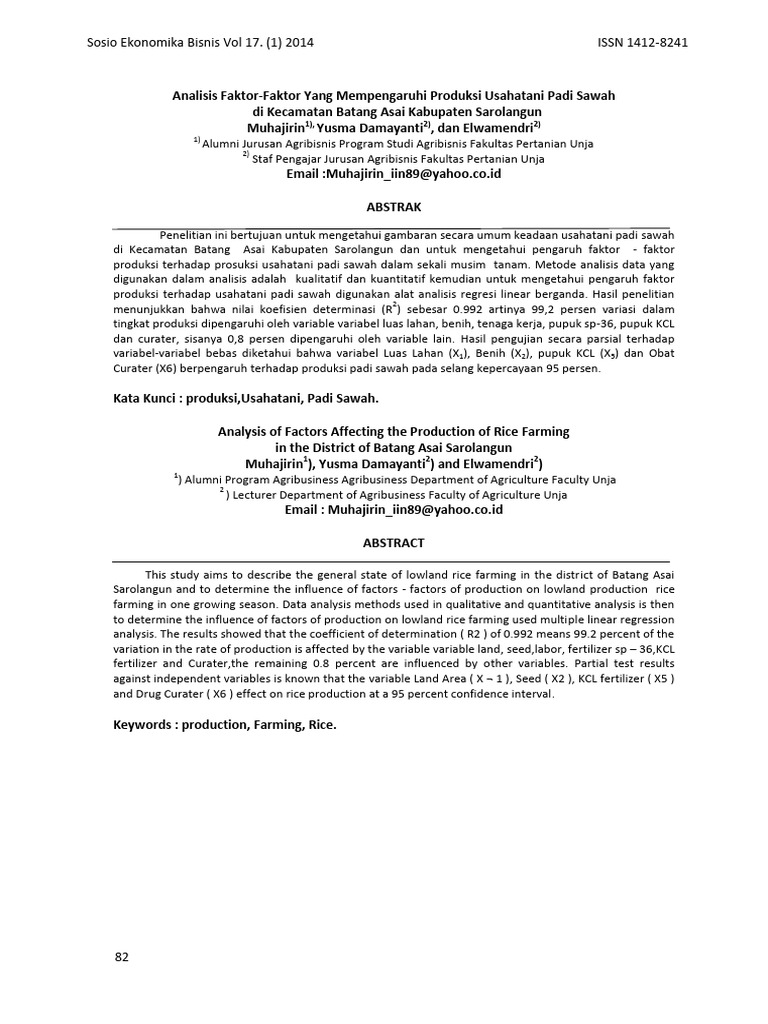 ID Analisis Faktor Faktor Yang Mempengaruhi Produksi Usahatani Padi Sawah Di Kecama | PDF