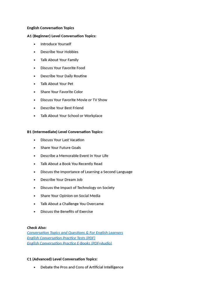 English Conversation Topics Guide | PDF | Conversation | Artificial ...
