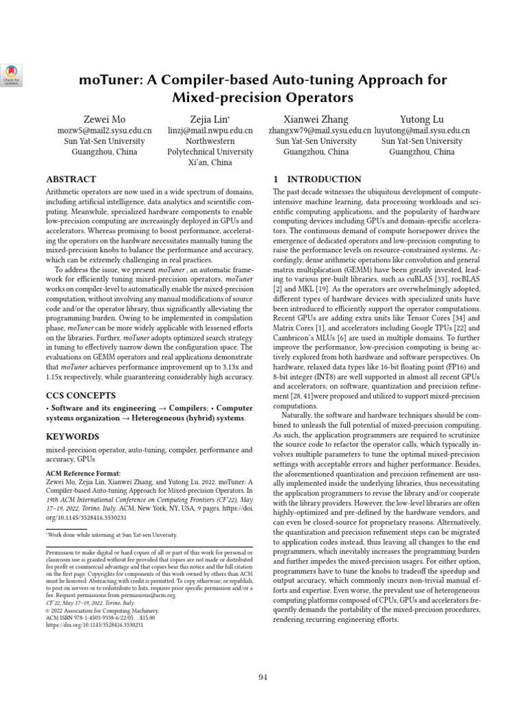 Motuner A Compiler-Based Auto-Tuning Approach For Mixed-Precision Operators | PDF | Compiler ...