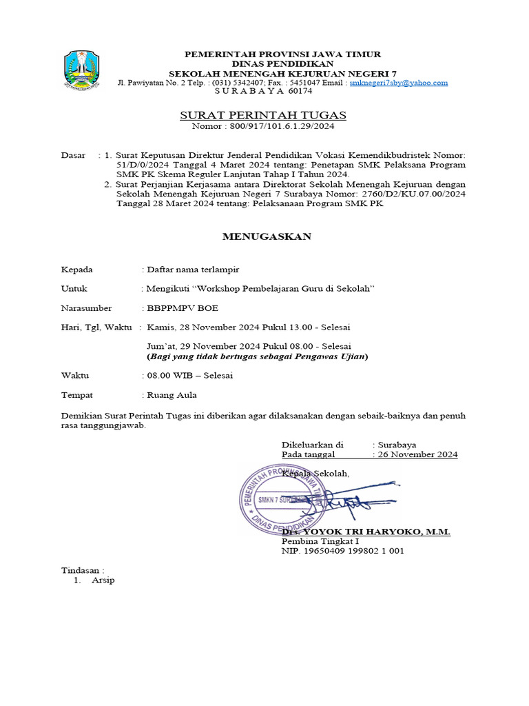Surat Tugas Workshop Guru SMK 2024 | PDF