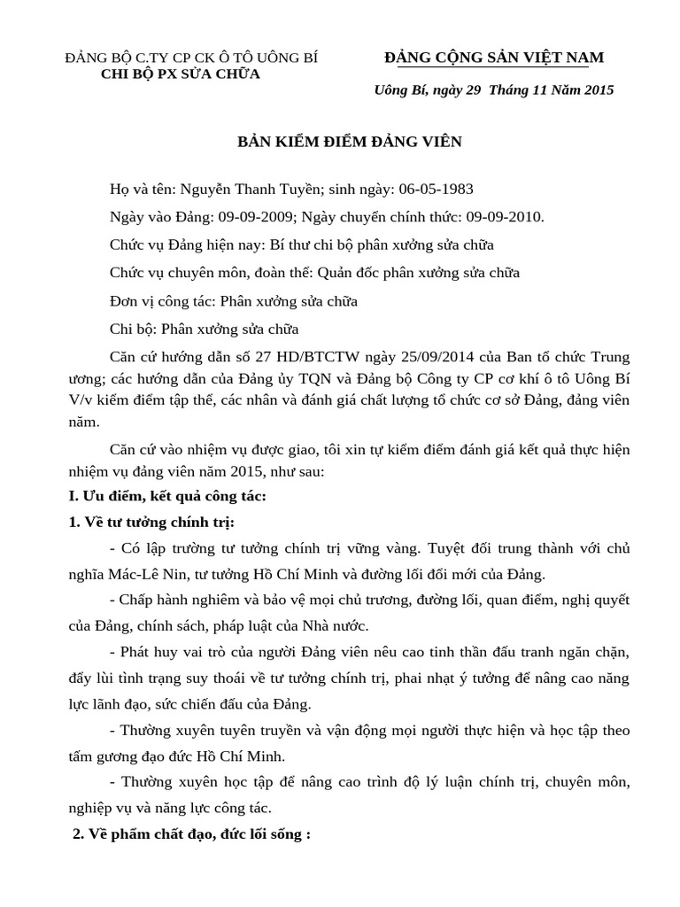 Ban Tu Kiem Diem Danh Gia Chat Luong Dang Vien-2015 | PDF
