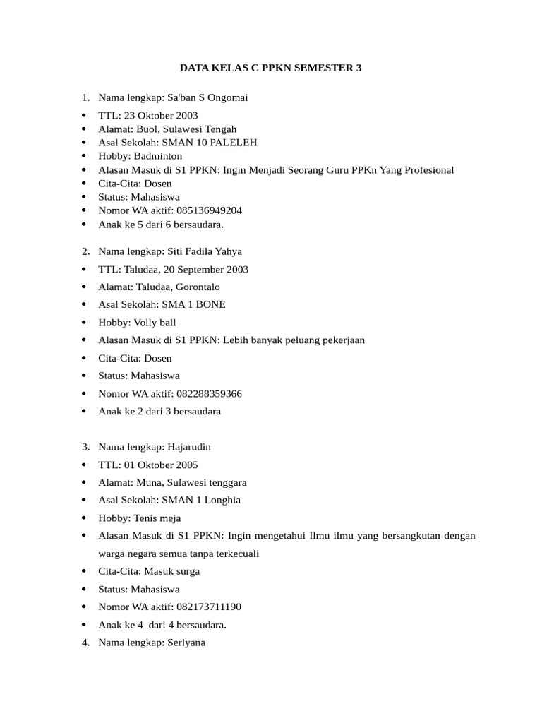 DATA KELAS C PPKN SEMESTER 3 | PDF
