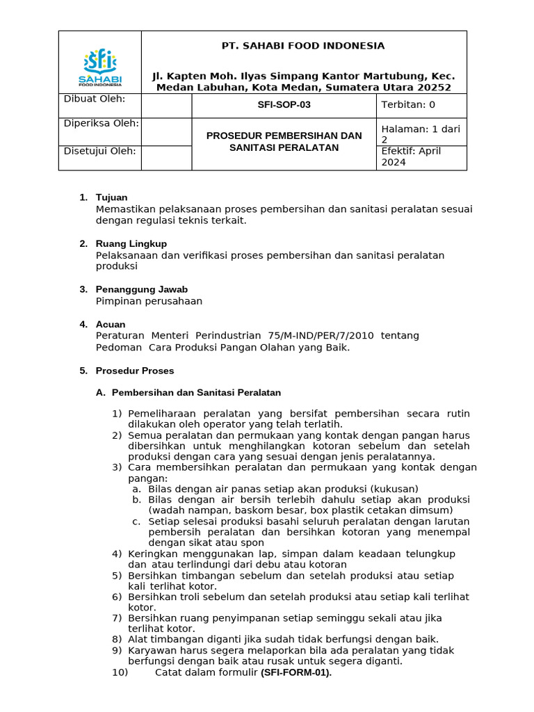 Prosedur Sanitasi Peralatan PT SFI | PDF