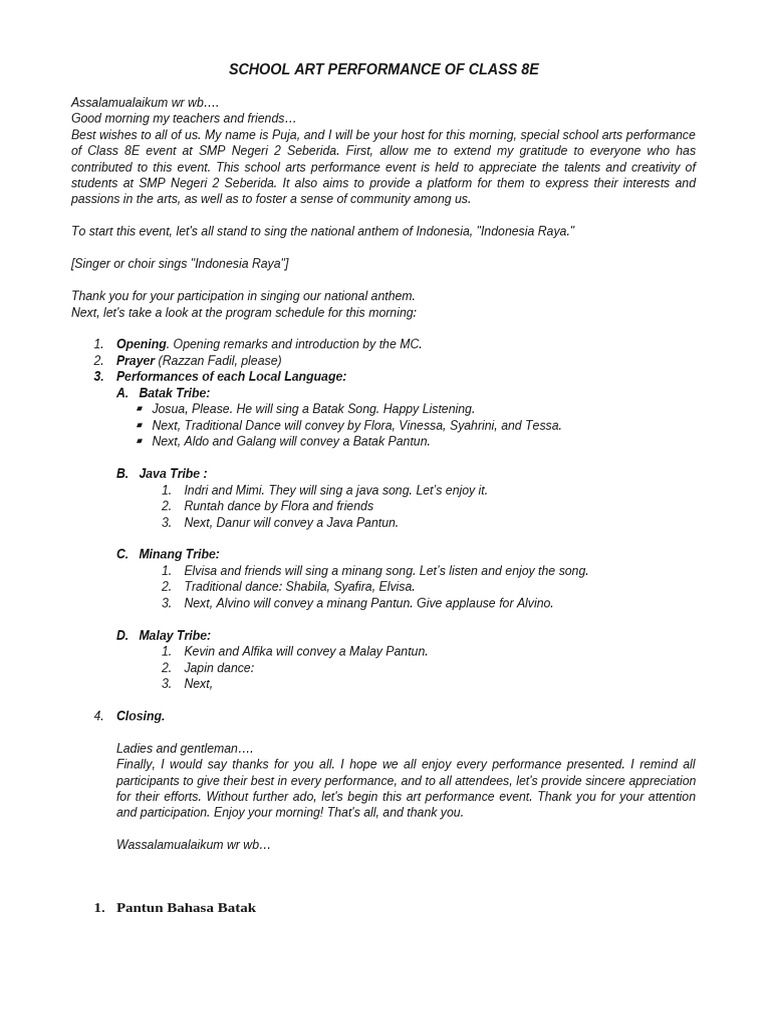 School Art Performance of Class 8e | PDF | Indonesia