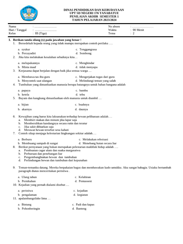 SOAL & Jawaban PAS KLS 3 TEMA 2 Ver. 1 - WEBSITE WWW - Kherysuryawan.id | PDF