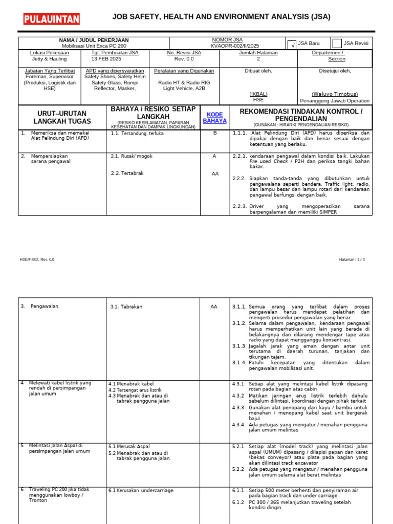 PI-HSE-JSA-Mobilisasi Exca PC 200 | PDF