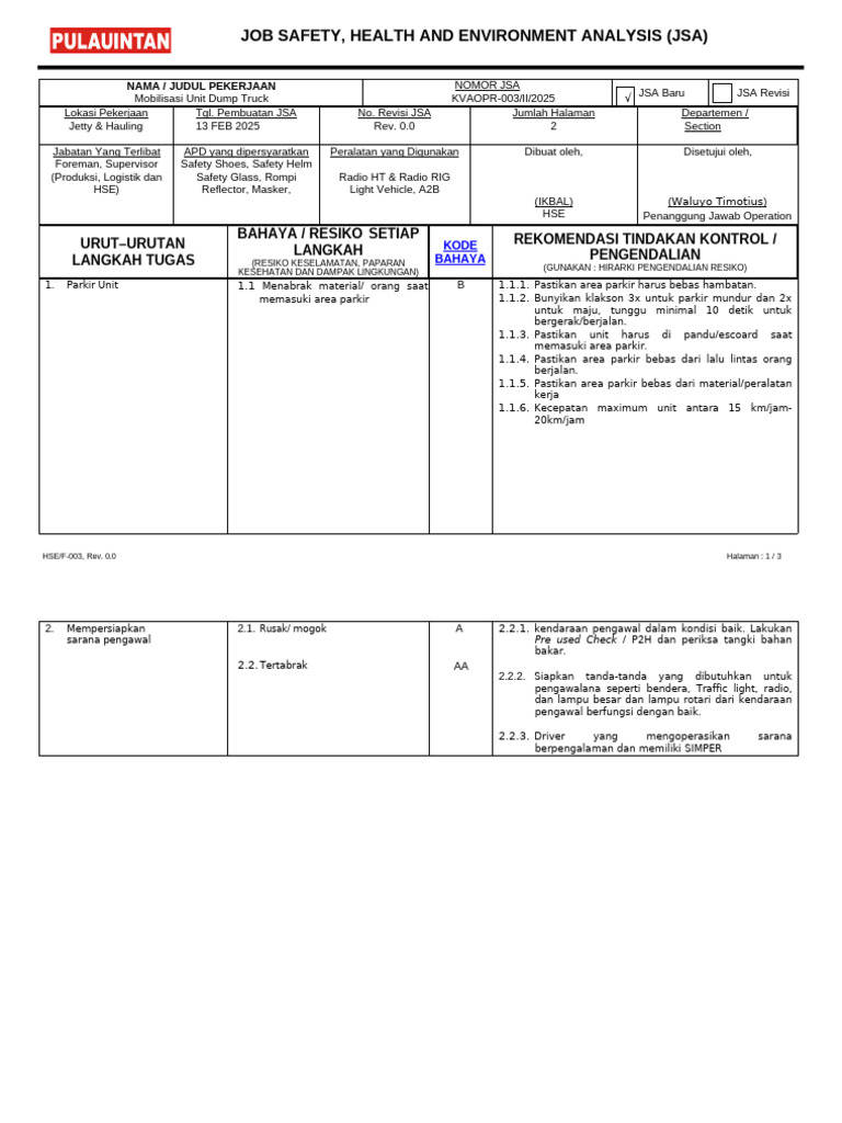 PI-HSE-JSA-Mobilisasi Dump Truck | PDF