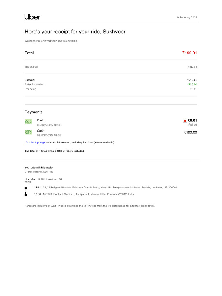 Uber Ride Receipt Summary | PDF