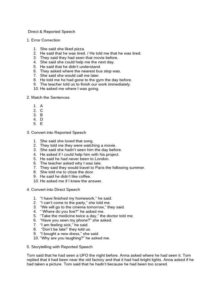 Reported Speech Exercises for Class 10 | PDF