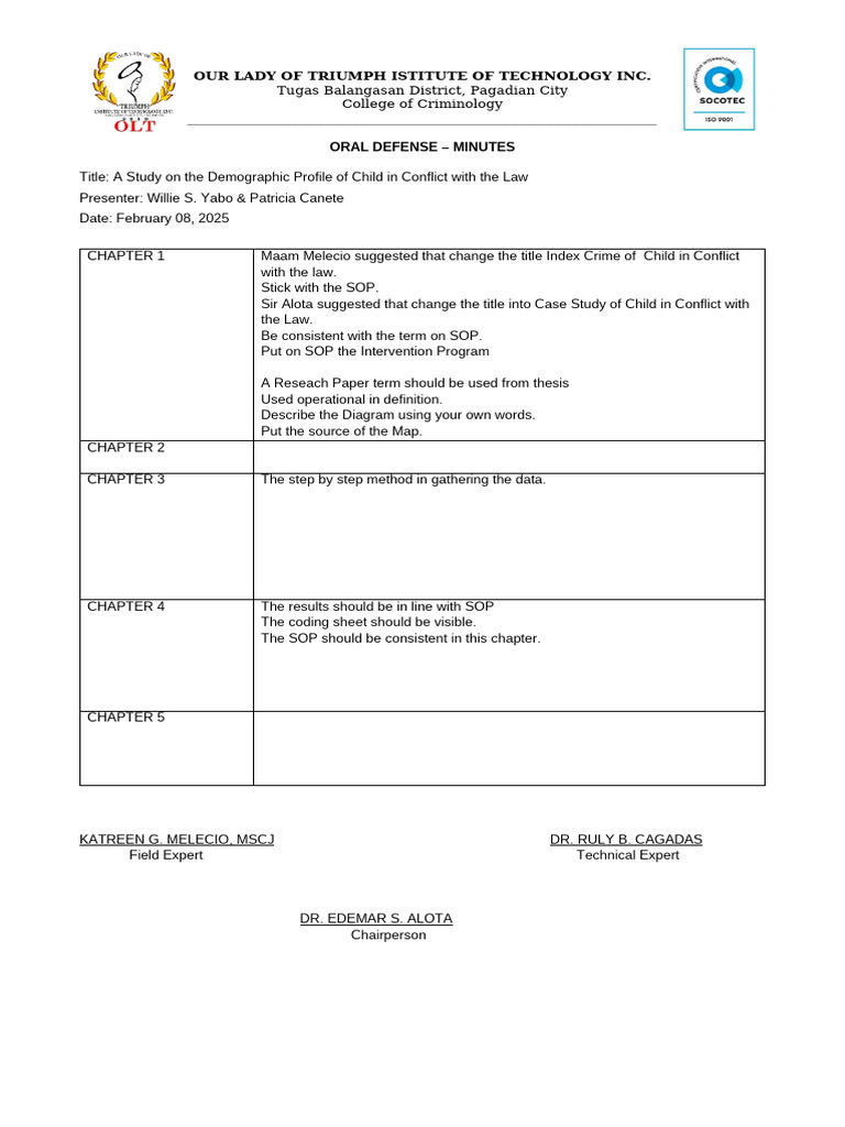 Minutes For The Oral Defense | PDF | Thesis