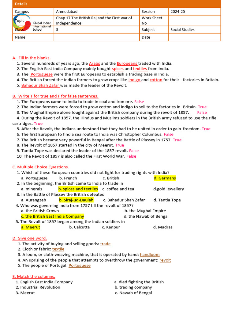 British Raj and 1857 Revolt Worksheet | PDF | Indian Rebellion Of 1857 ...