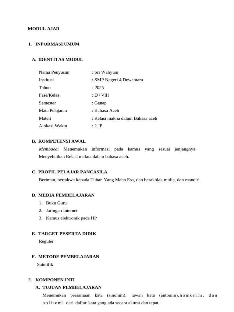 MODUL AJAR TTD Bindo Kls 5 Sms 1 Sinonim | PDF