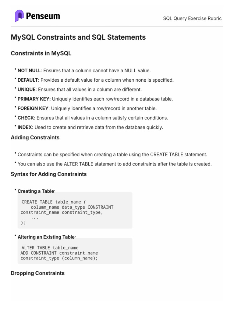 SQL Query Exercise Rubric | PDF